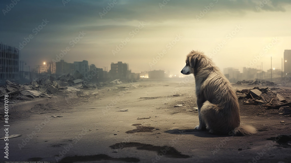 distopic image of an abandoned dog, al alley dog in a urban street ...