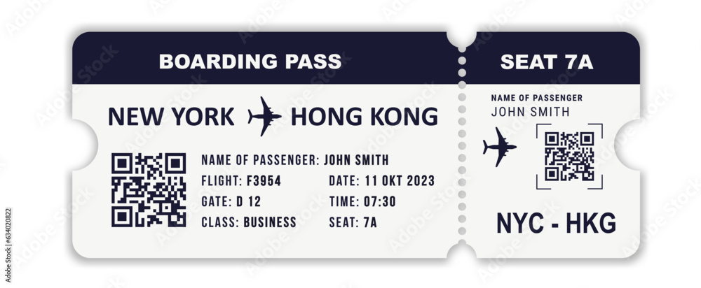 Isolated flight boarding pass on white background. Realistic airline ...