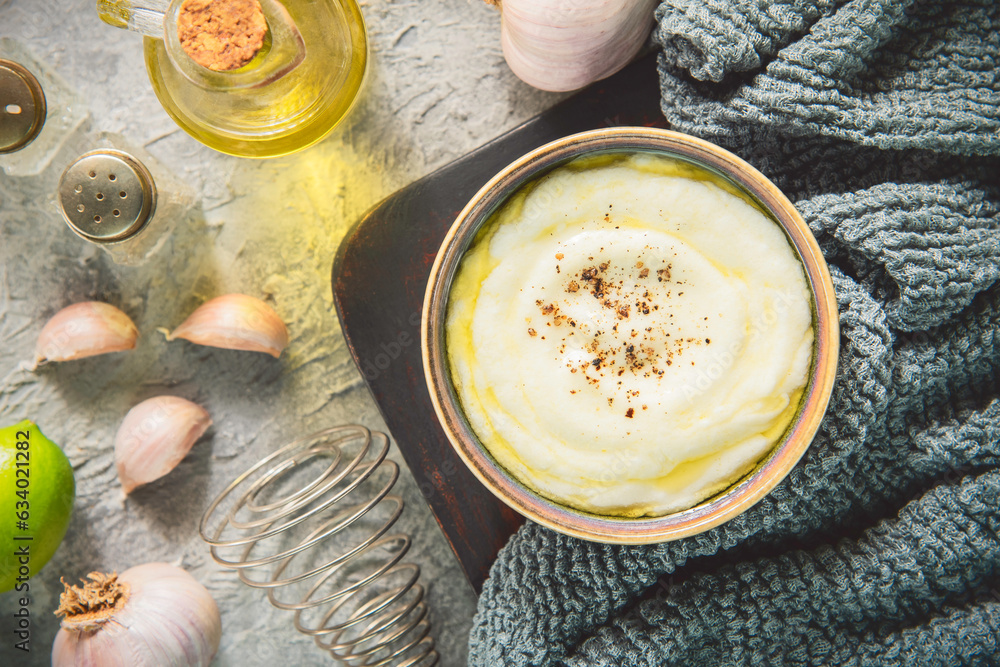 Arabic Cuisine; Traditional Lebanese garlic dip "Toum or Toumya". It is ...