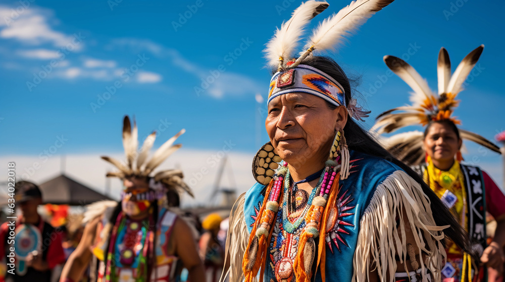 A Native American Powwow, full regalia, vibrant colors, traditional ...