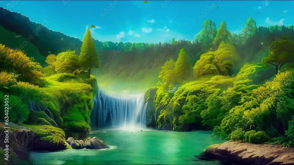 Scenery of a small waterfall in the middle of a green forest, 4k ...
