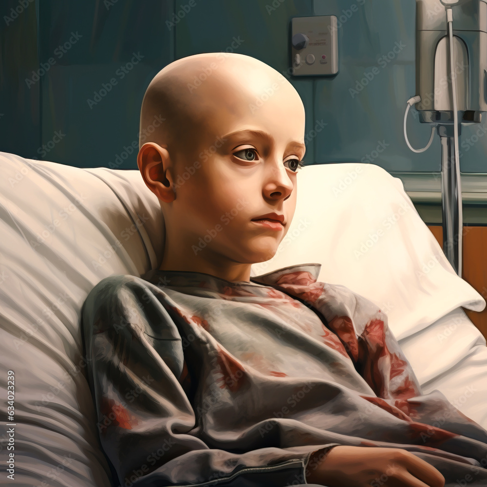 Little boy in a hospital bed, sick with Cancer. Bald head as a result ...