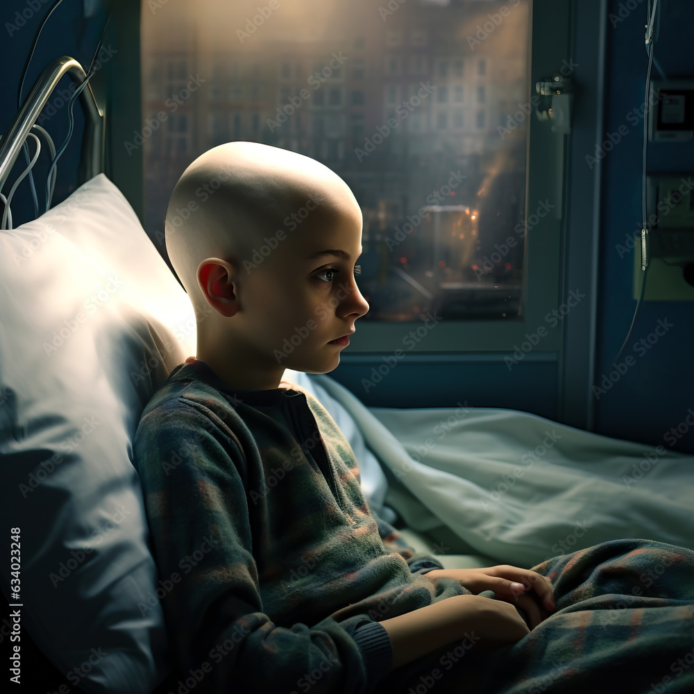 Foto de Little boy in a hospital bed, sick with Cancer. Bald head as a ...