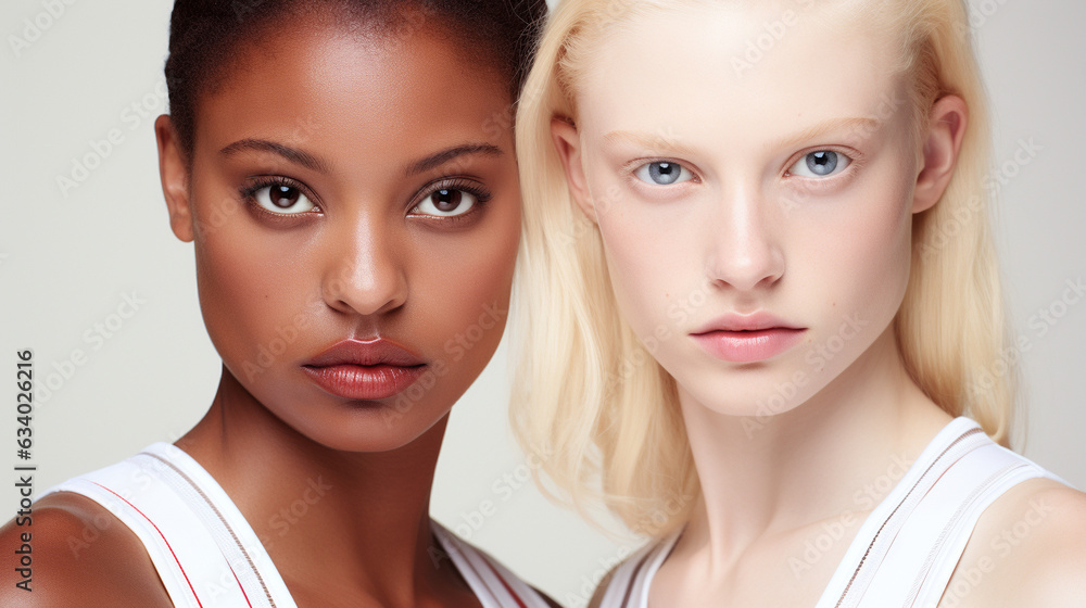 Portrait of two attractive female fashion models with great skincare of ...