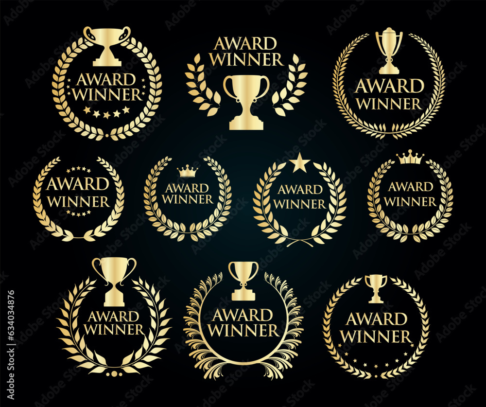 Award Winner emblem collection of gold laurel wreath black text Stock ...