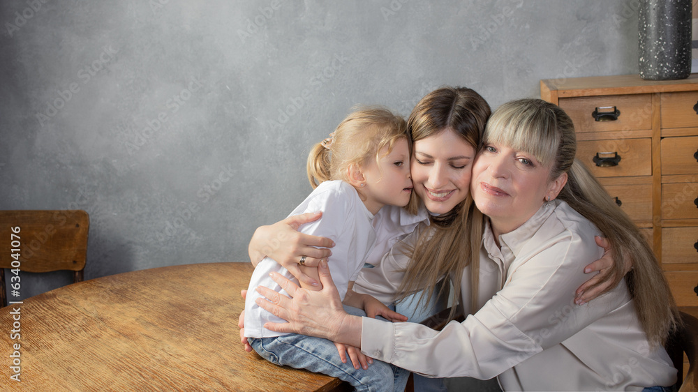 happy family communicates, three generations of women together. Mom ...