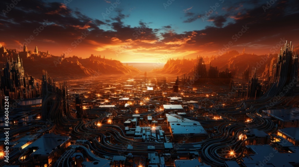 Sunset over Circuitry: A sunset behind a landscape of electronic ...