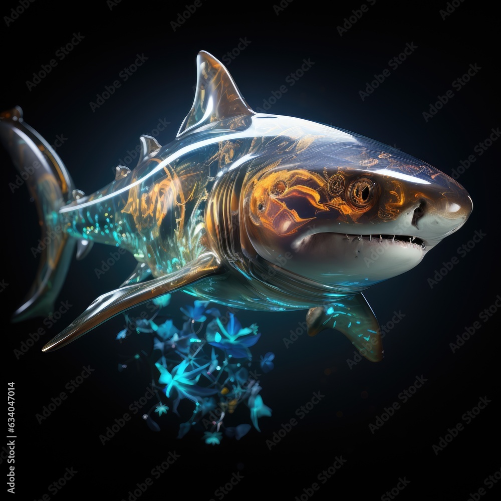 Bioluminescent shark 3d illustration. Luminescent shark model print. 3d ...