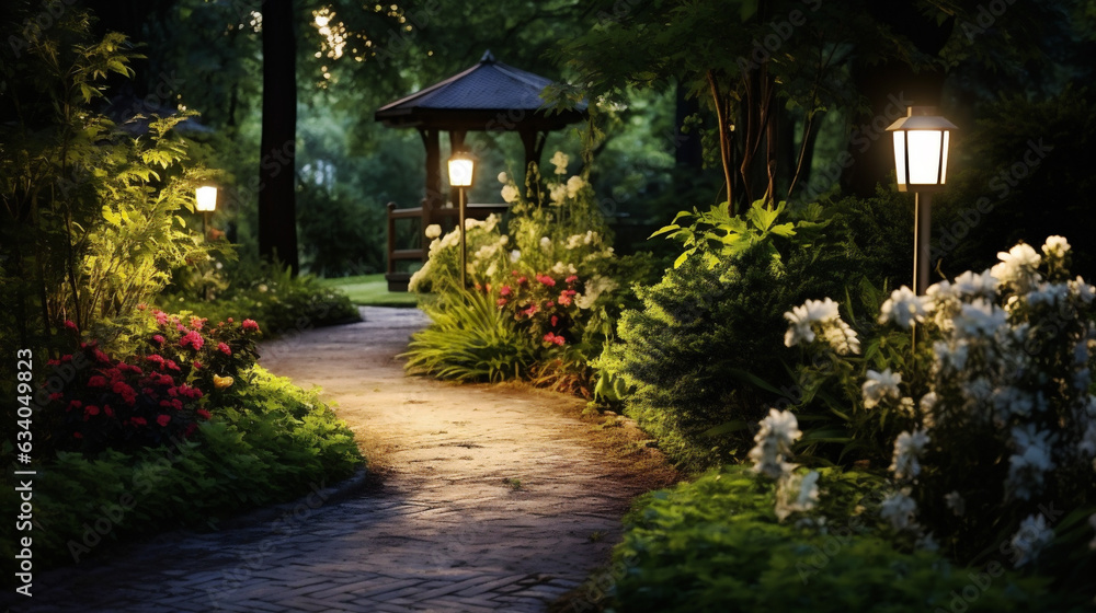 Solar-powered outdoor lighting illuminating a garden pathway, lush ...