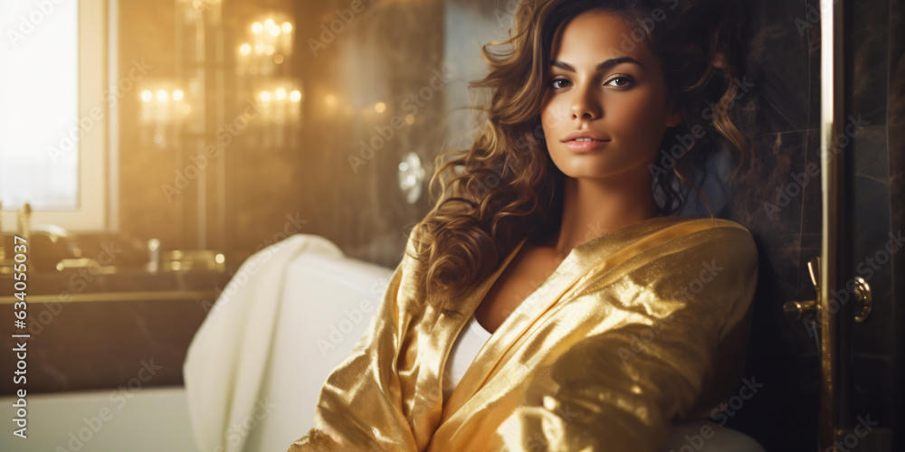 sexy woman in a gold bathrobe in a luxury hotel bathroom Stock Photo ...