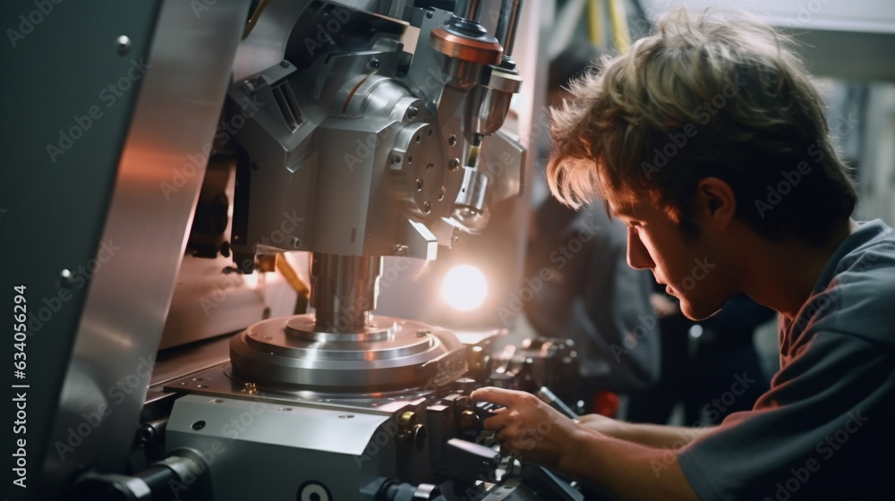 A factory worker operating a cnc milling machine to create a complex ...