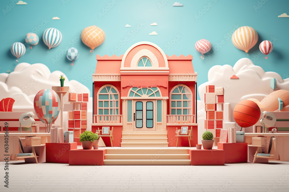 3D rendering, product presentation. Red school building, brick-colored ...