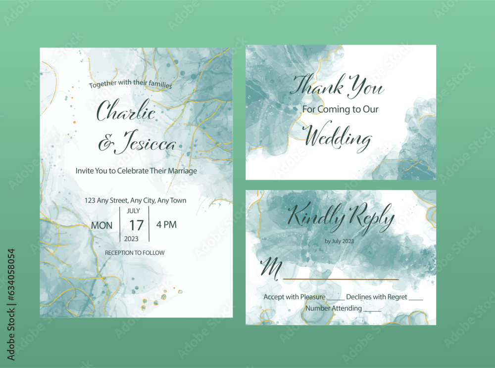 Wedding invitation set with abstract blue watercolor background Stock ...