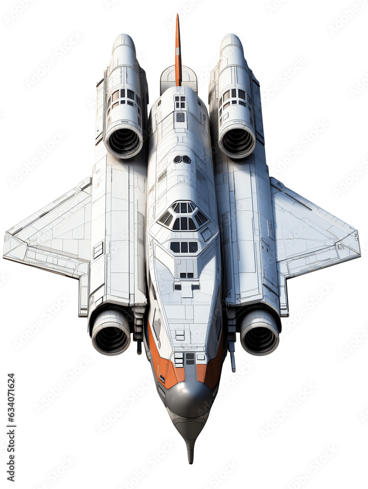 The concept of a white spaceship with a jet engine, top view. Isolated ...