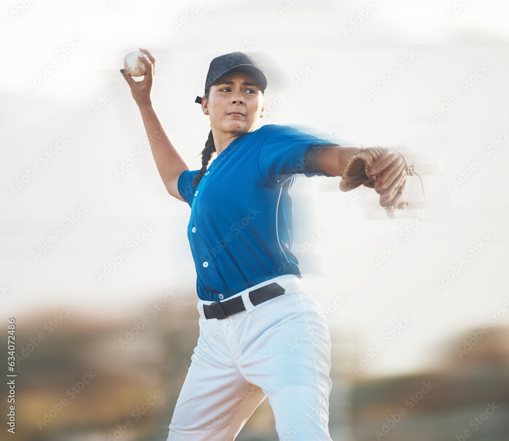 Baseball, ball and a woman pitching outdoor on a sports pitch for ...