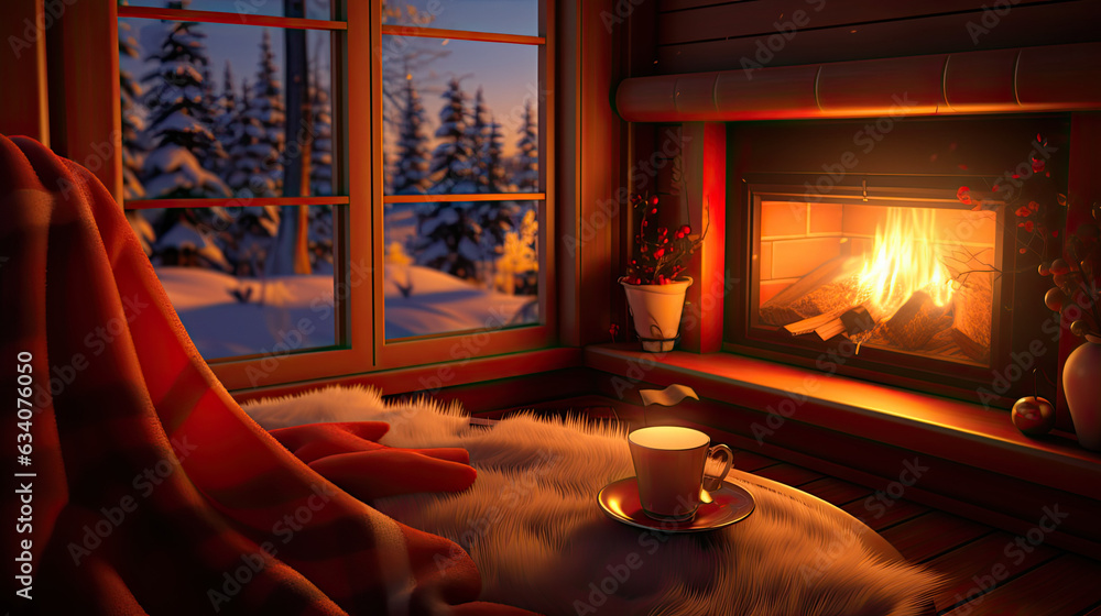 Cozy Winter Scene with fireplace and hot cocoa and winter related ...