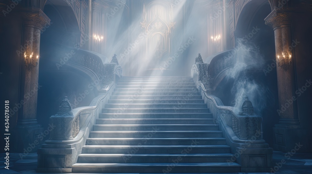 beautiful ancient marble staircase in art deco style, with dry ice mist ...