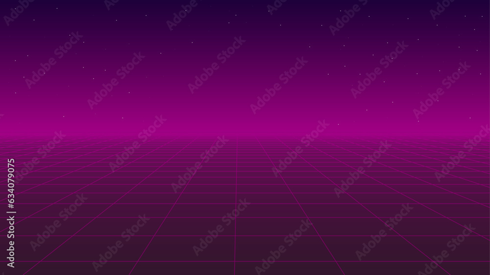 80s Retro Sci-Fi Background Futuristic Grid landscape. Digital cyber ...