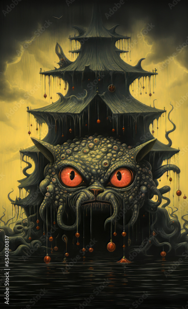 Horror Cat Lovecraft Dream. Generative AI. A digital illustration of a ...