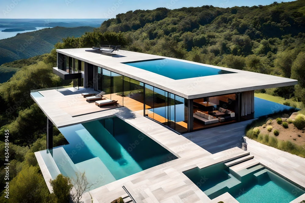 swimming pool in the resort, A luxurious house with a modern design ...