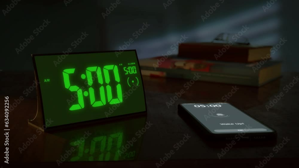 Vídeo do Stock: Digital alarm clock with green clockface and the smartphone waking up at 5 AM ...