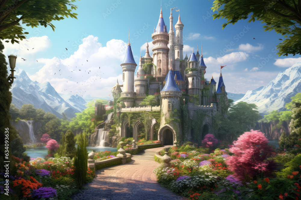 Beautiful fairy tale castle in the garden. Digital painting ...