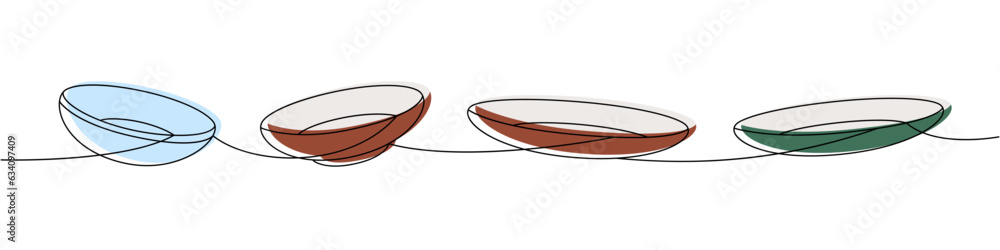 Set of porcelain ceramic plates one line colored continuous drawing ...