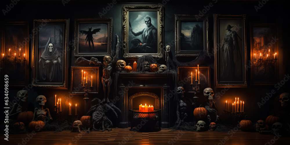 ancient gothic fireplace of scary laughing pumpkins and old skulls ...