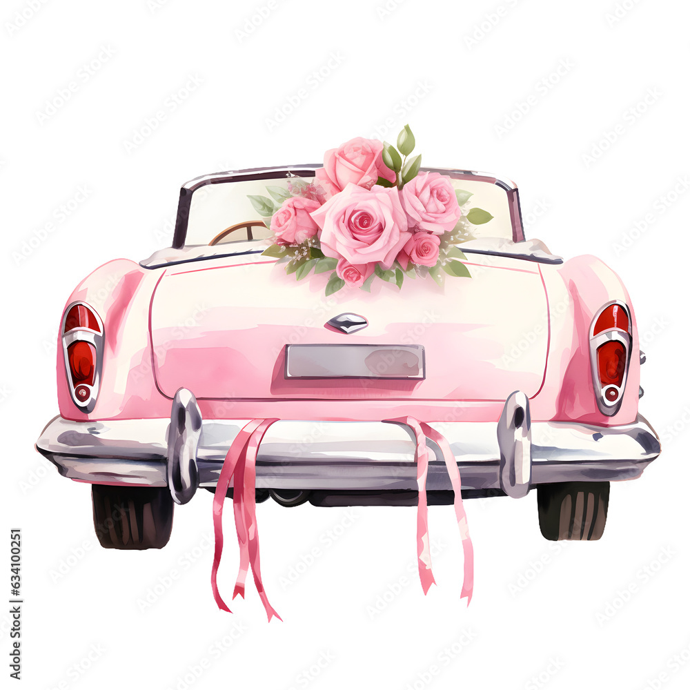 Watercolor Vintage Car with Pink Rose Flowers Isolated on Transparent ...