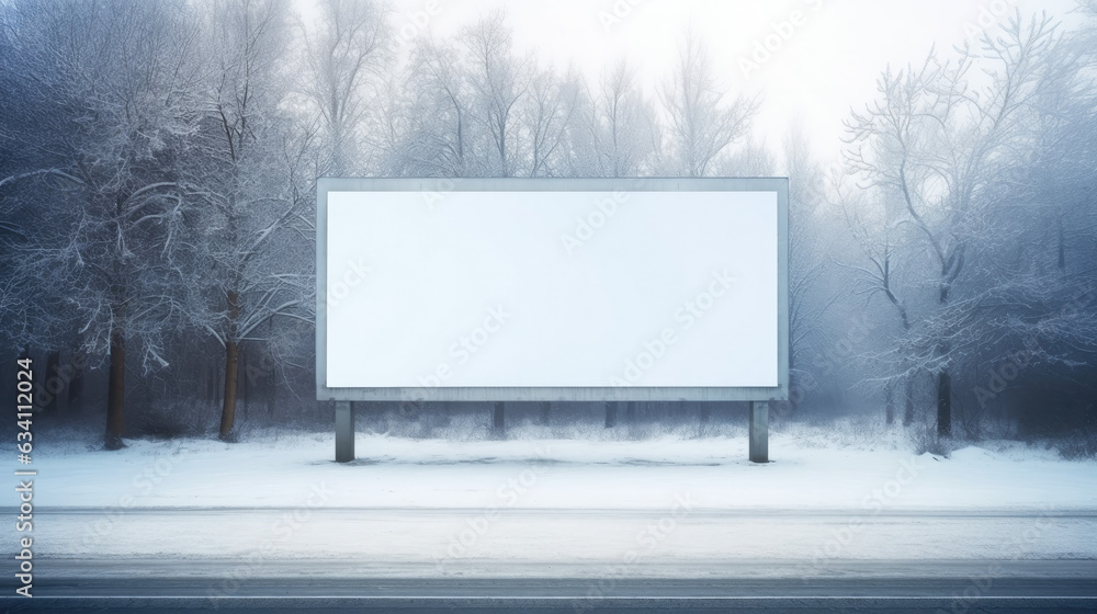 horizontal poster mockup in ski station, empty billboard standing alone ...