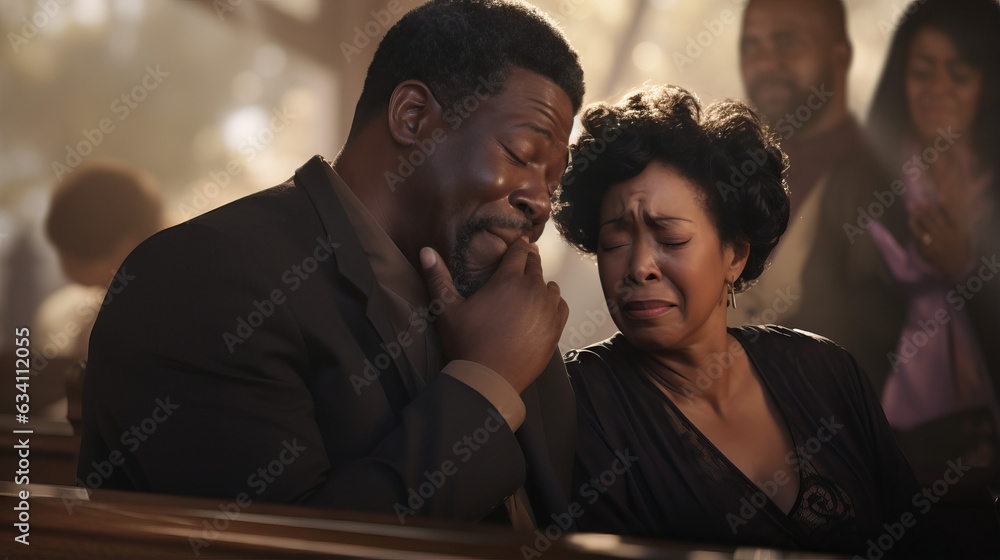 African American Father and Mother at a Funeral Procession Crying Grief ...