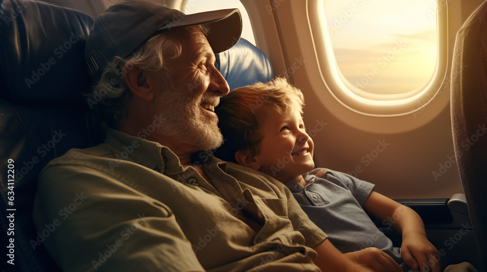 Grandfather and Grandson on Airplane Trip in the Sky. Concept of ...