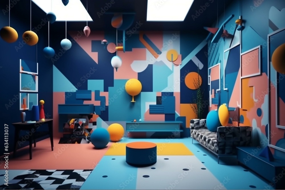 3D room design inspired by Memphis style with a conceptual interior ...