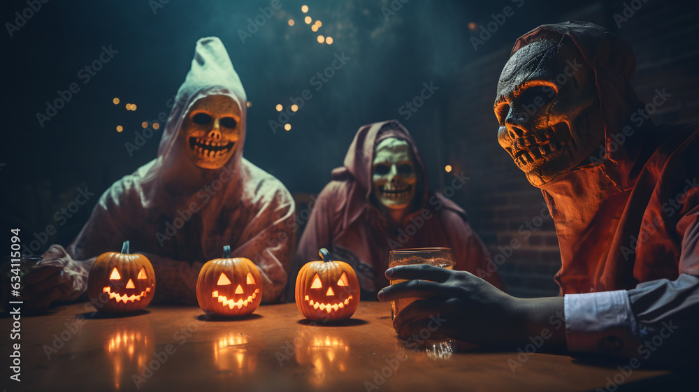 People in creepy costumes for halloween, spooky, scary disguise, horror ...