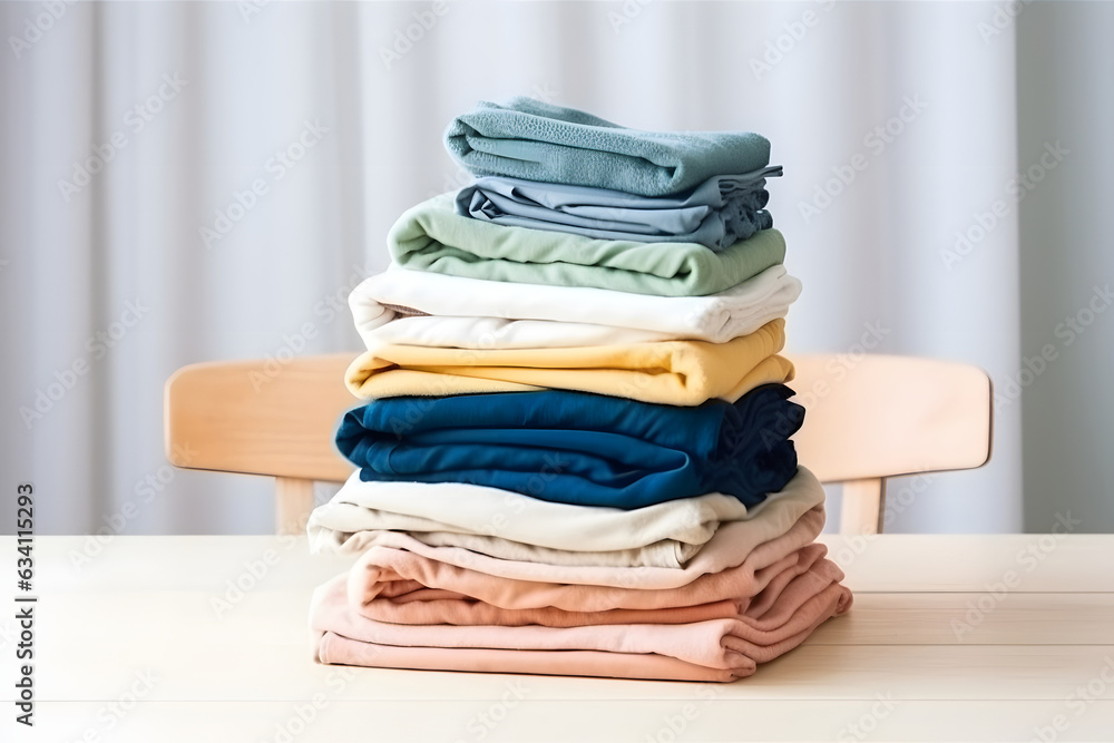 colorful stack of folded clothes on white laundry table, neural network ...
