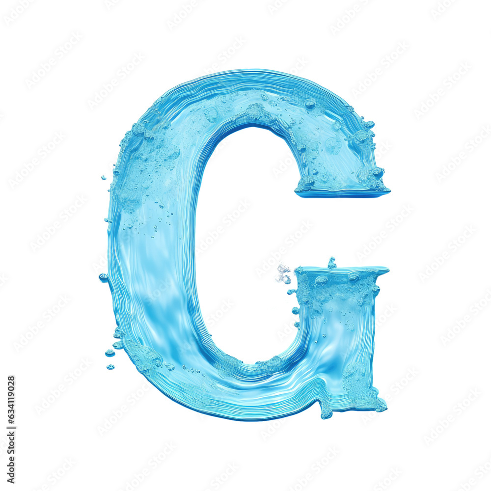 A lowercase letter G reflecting in a shimmering blue liquid with ...