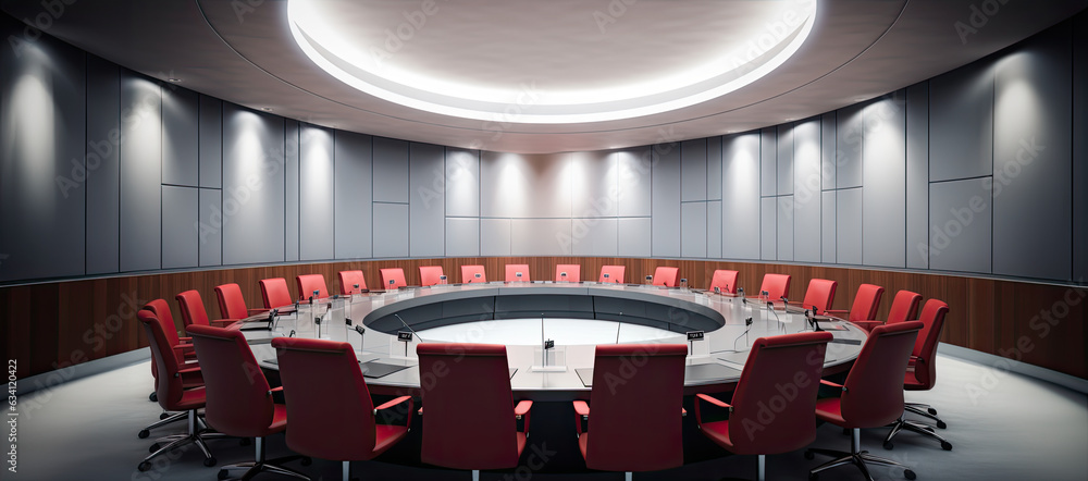 modern conference room with a circular table and vibrant red chairs 3D ...