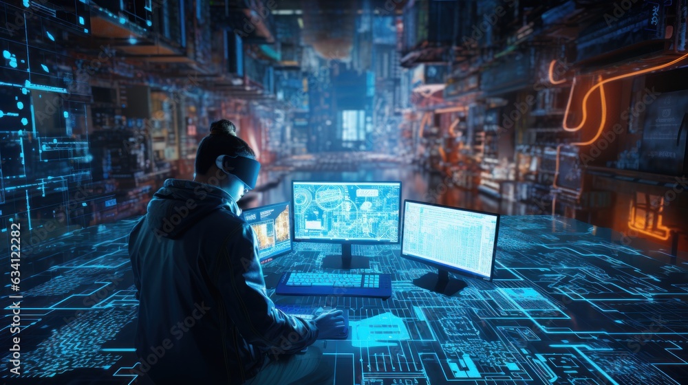 Craft a scene featuring a proficient hacker in a cyberpunk world ...