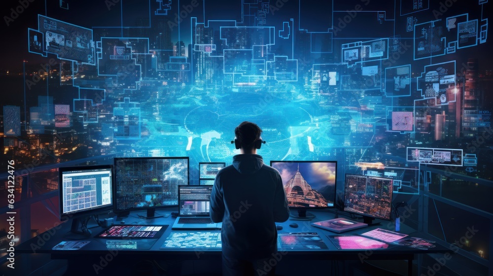 Craft a scene featuring a proficient hacker in a cyberpunk world ...