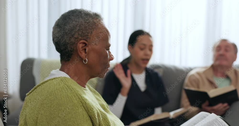 Senior black woman, bible and group in home, worship and prayer ...