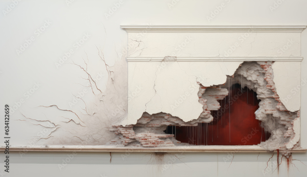 A severely damaged and broken wall. Cracking and peeling paint ... A severely damaged and broken wall. Cracking and peeling paint ...