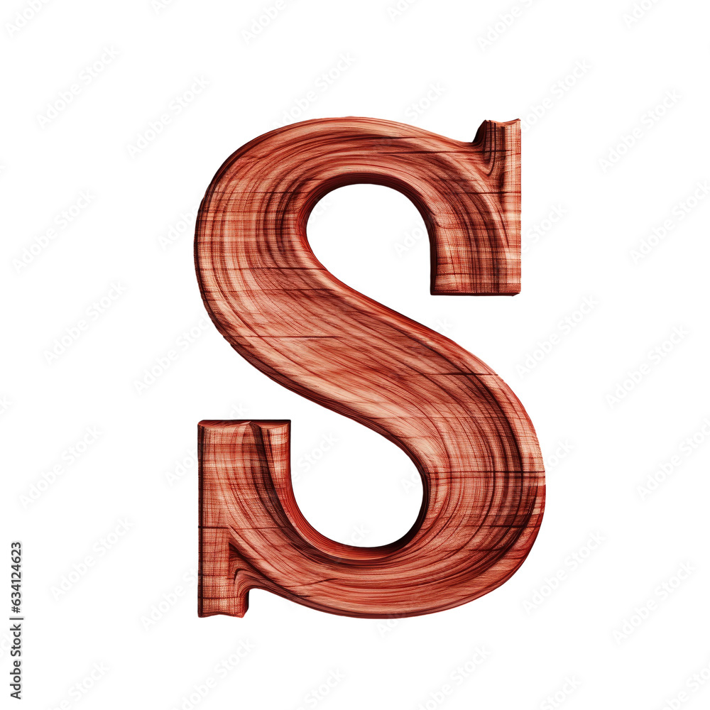 Wooden letter S in a curly font with red texture and beveled edge on a ...