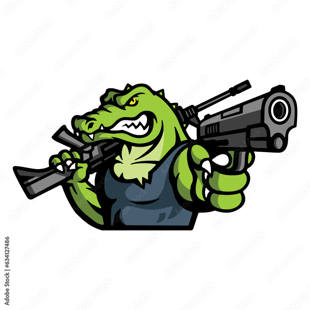 wild angry alligator with machine gun and pistol, vector, logo, cartoon ...
