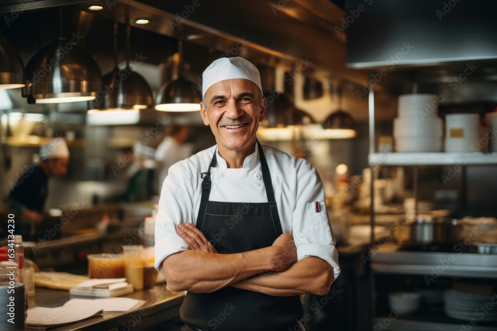 chef cuisinier avec sa toque blanche dans sa cuisine, posant devant les ...