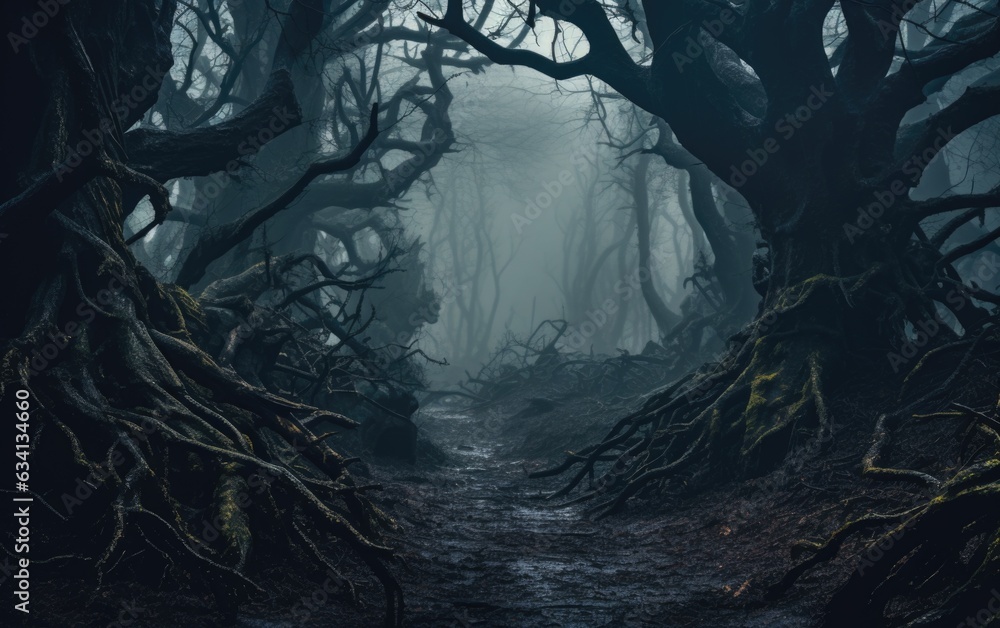 Creepy path surrounded by trees along a misty haunted forest Stock ...