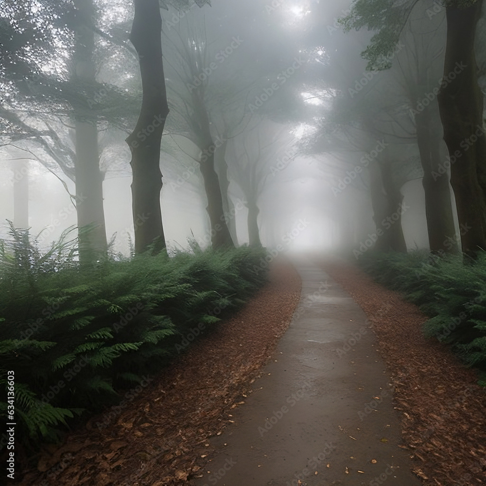 Ethereal Forest Path with Mist: A mystical forest path shrouded in mist, leading deeper into a ...