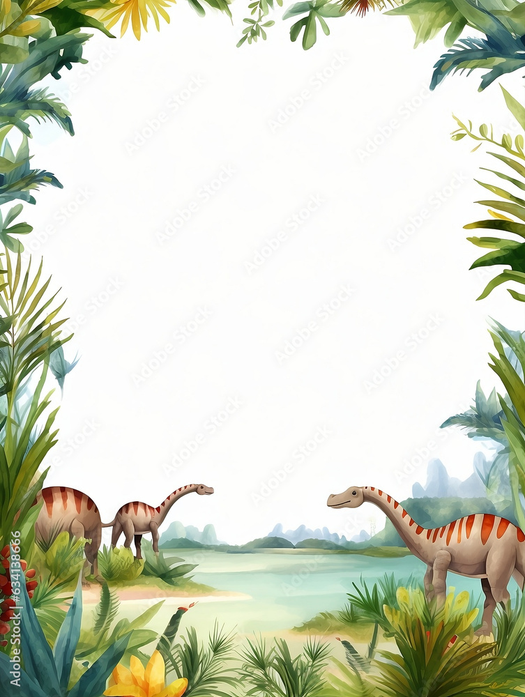 Prehistoric Plants Watercolor Frame Border with Dinosaurs Stock ...