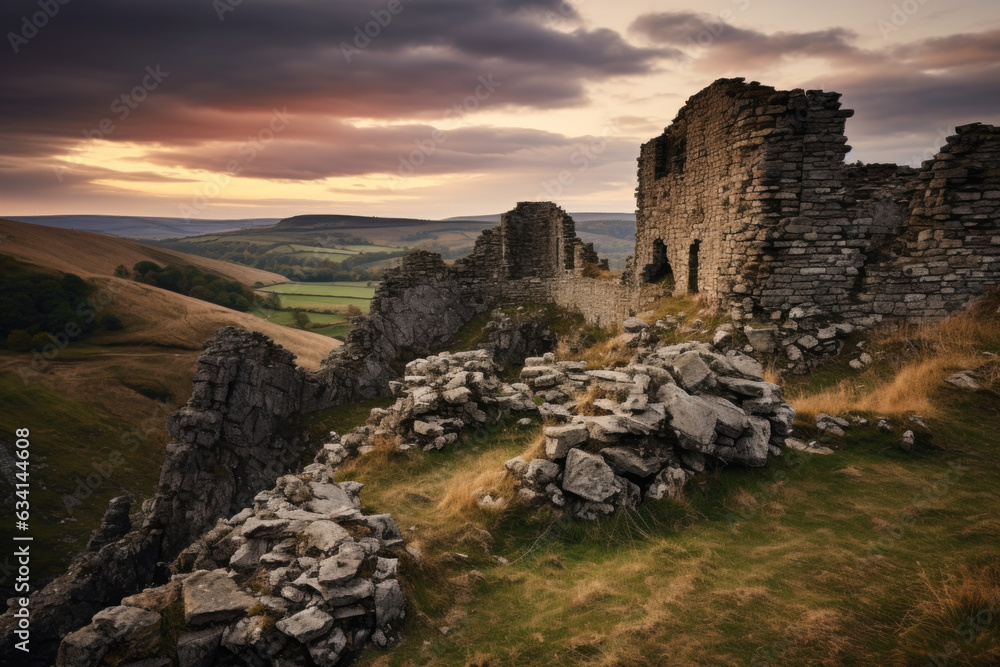 A ruined castle on a hilltop overlooking a valley. The castle is made ...