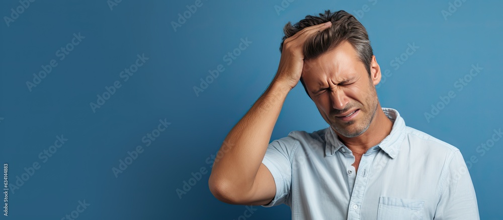 Unwell man with fever and flu touching head and standing in white t ...