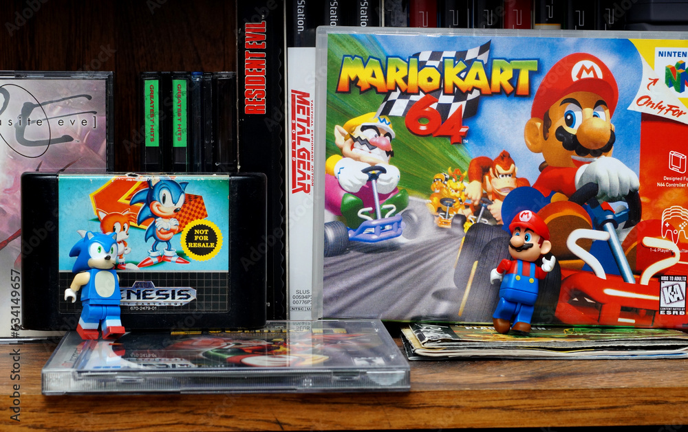 Display of a Sonic and Mario Kart Game. Beside them are a Lego Sonic ...